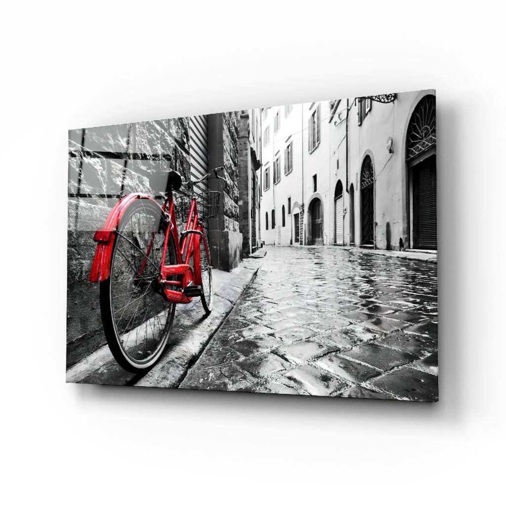 Glasschilderij Rode fiets op straat